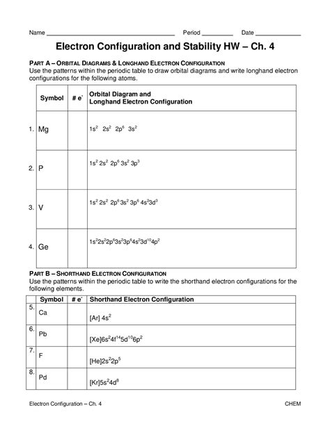 Free Printable Electron Configuration Orbital Diagram Worksheets