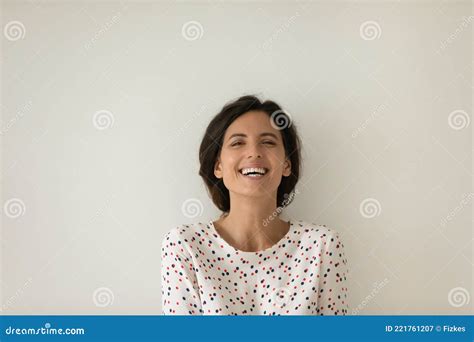 Head Shot Portrait Overjoyed Woman Laughing On Grey Studio Background
