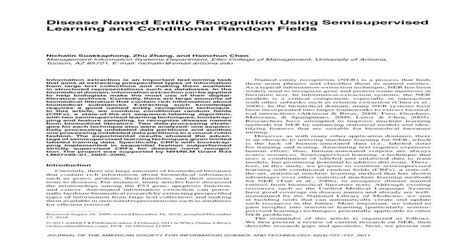 disease named entity recognition using semisupervised learning and conditional random fields
