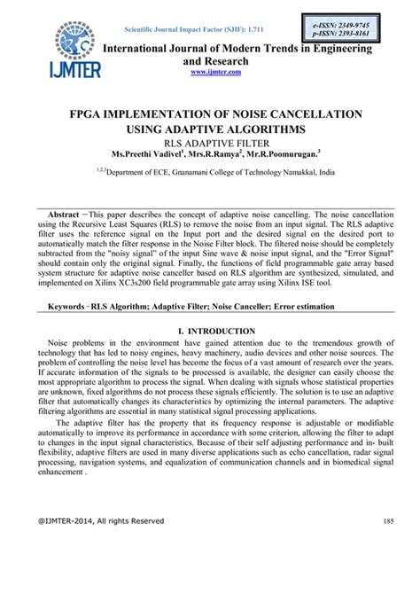 fpga implementation of noise cancellation using adaptive algorithms pdf
