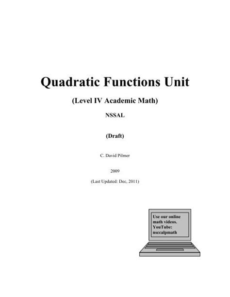 quadratic functions unit nova scotia school for adult learning