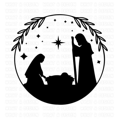 A Nativity Scene With The Birth Of Jesus And Mary In Black On A White