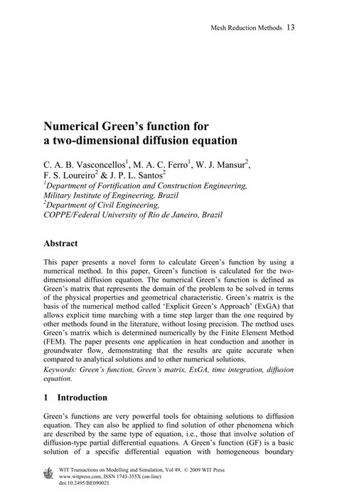 pdf numerical green s function for a two dimensional diffusion equation