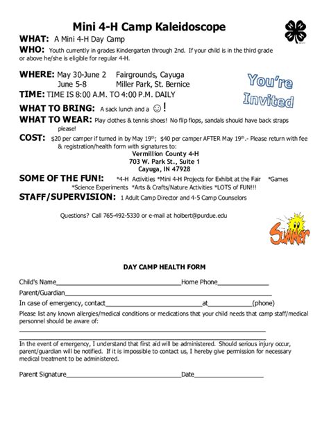 Fillable Online Extension Purdue Our Annual Mini 4 H Day Camp Is