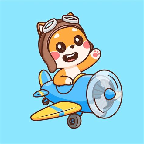 Lindo shiba inu perro piloto montar avión dibujos animados vector icono