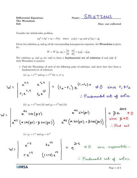 03 w1 the wronskian solutions differential equations name the wronskian s19 due not
