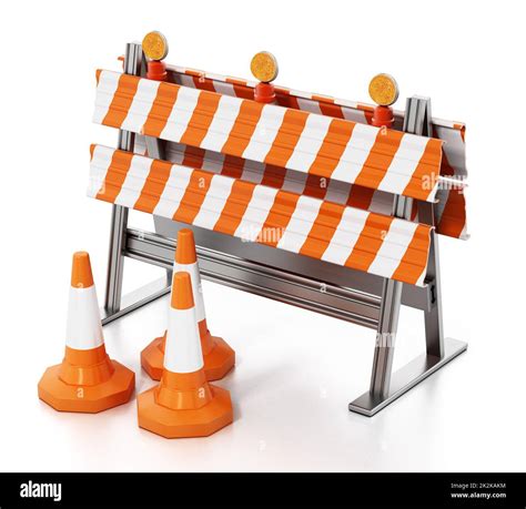 Road Block With Traffic Cones Isolated On White Background 3D