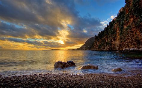 Papel de parede luz solar panorama Pôr do sol mar baía Rocha
