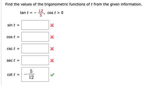 solved find the values of the trigonometric functions of t