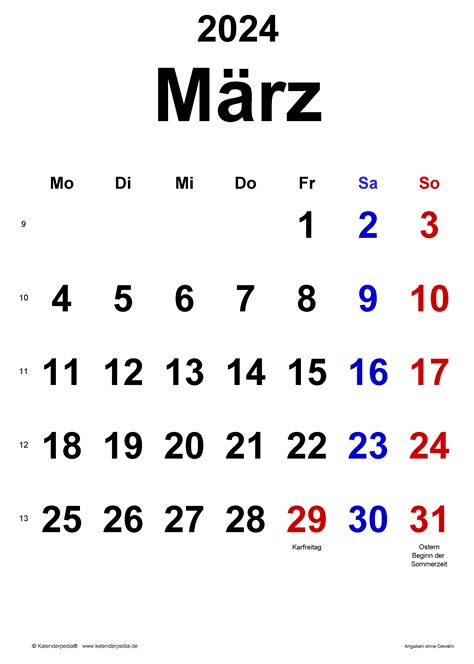 Kalender März 2024 als PDF Vorlagen