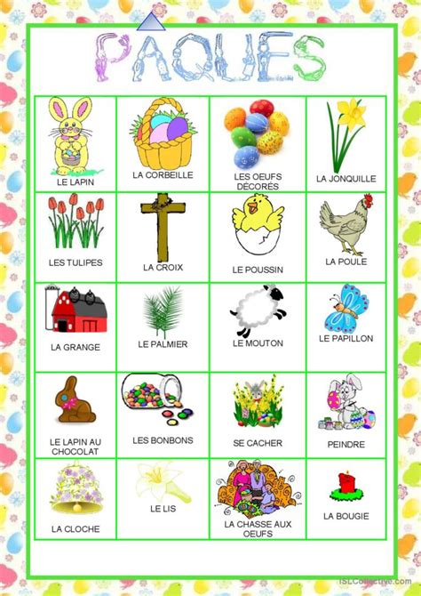 Pâques dictionnaire visuel ou tâche Français FLE fiches pedagogiques