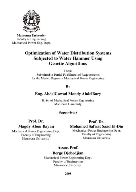 pdf optimization of water distribution systems subjected to water hammer using genetic