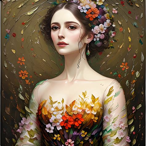 Woman In Dress With Flowers And Leaves Painterly Surfaces Wavy