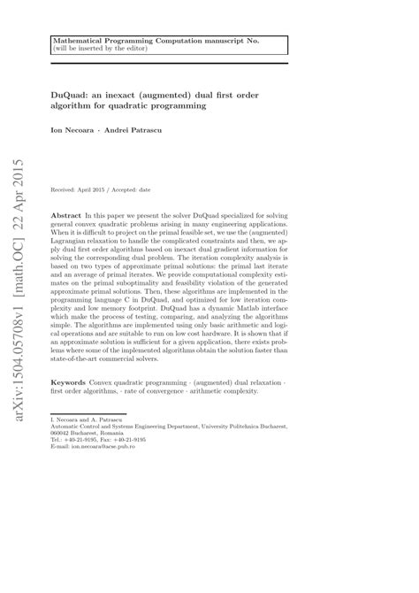 pdf duquad an inexact augmented dual first order algorithm for quadratic programming