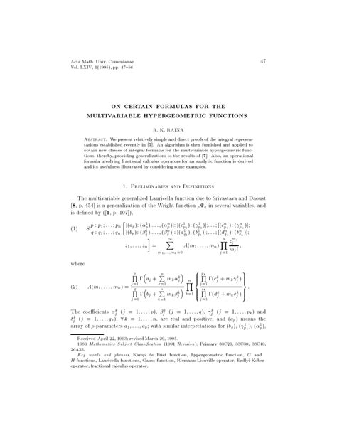 pdf on certain formulas for the multivariable hypergeometric functions