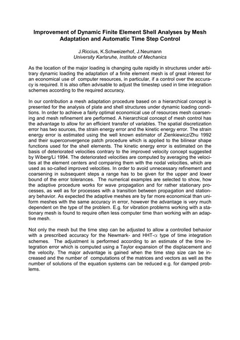 pdf improvement of dynamic finite element shell analyses by mesh adaptation and automatic time