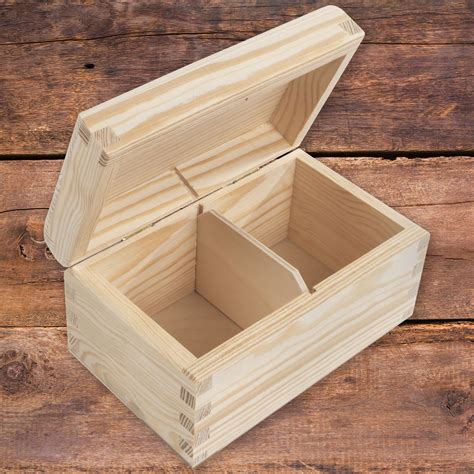 Plain Wooden Small Storage Box With Hinged Lid 3 Compartments