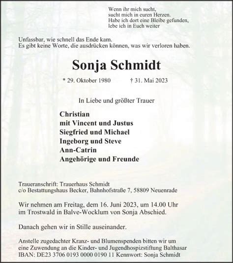 Traueranzeigen Von Sonja Schmidt Trauer In NRW De