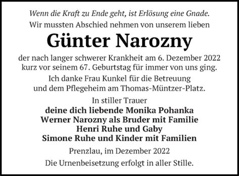Traueranzeigen von Günter Narozny Trauer Nordkurier