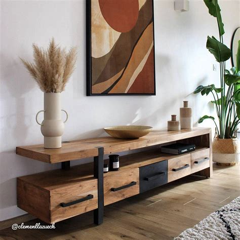 Meuble TV industriel bois et métal 5 tiroirs double plateau Made in