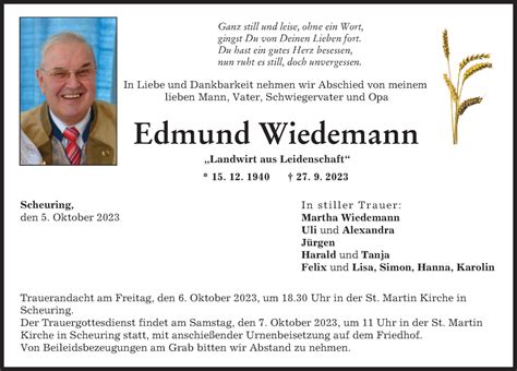 Traueranzeigen Von Edmund Wiedemann Augsburger Allgemeine Zeitung