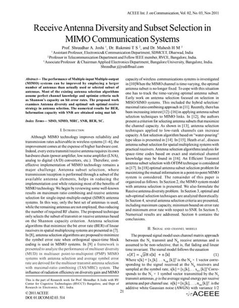 receive antenna diversity and subset selection in mimo communication systems pdf