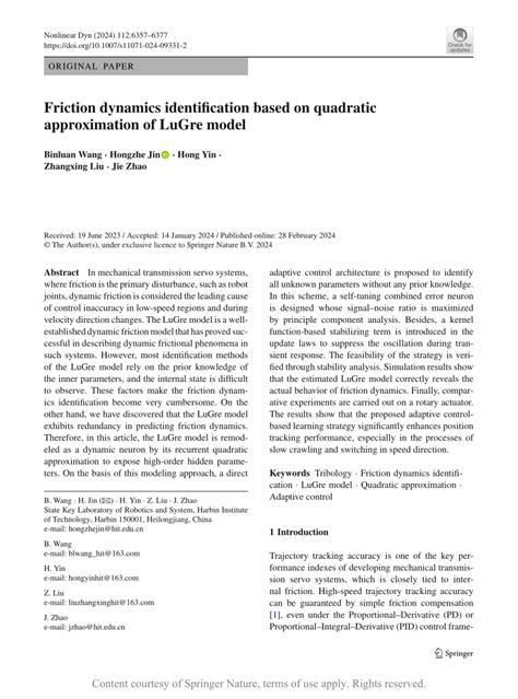 friction dynamics identification based on quadratic approximation of lugre model request pdf