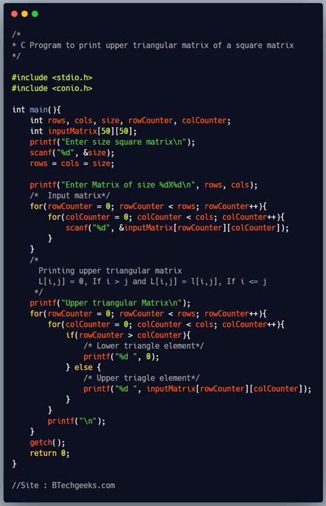 c program to print upper triangular matrix btech geeks