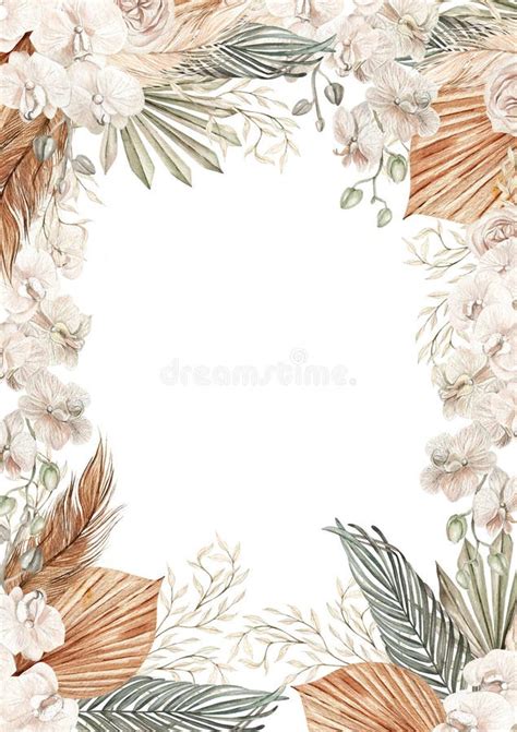 Tarjeta De Boho Acuarela Con Flores De Orquídeas Tropicales Pintadas a