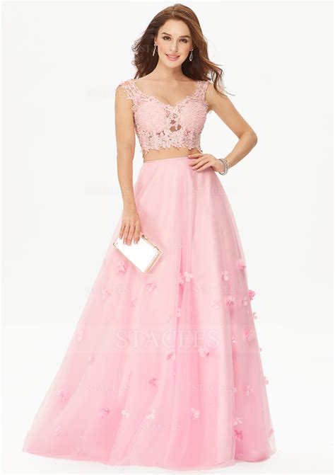 A Line Princess V Neck Sleeveless Lace Tulle Satin Long Floor Length