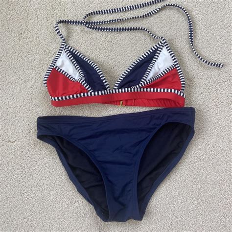 Tommy Hilfiger Women S Red And Navy Bikinis And Tankini Sets Depop