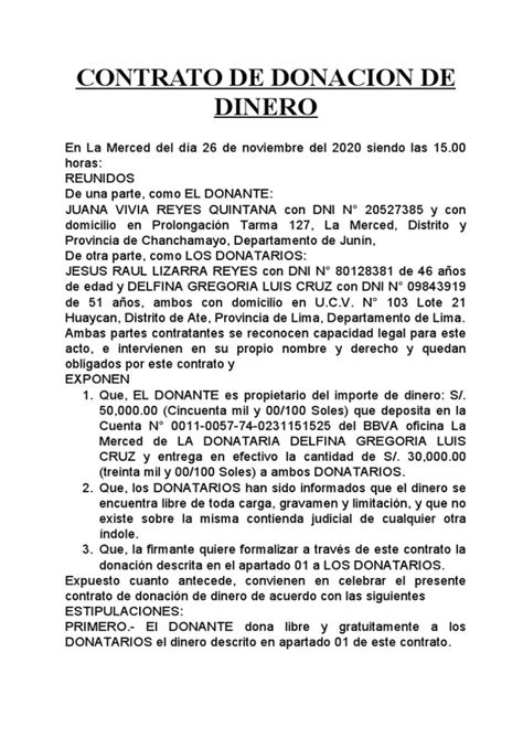 Modelo De Contrato De Donaci N De Dinero Entre Familiares Modelos De