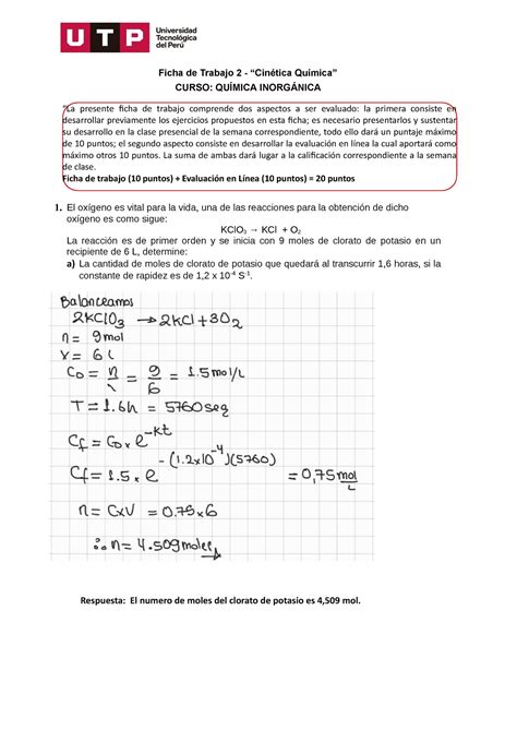 Ficha 1 U2 S2 Ficha De Trabajo 2 Cinetica Quimica La Presente