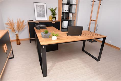 Biurko narożne z cienkim drewnianym blatem loft industrialne