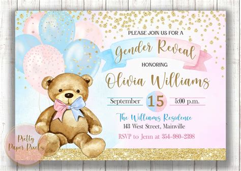 Teddy Bear Gender Reveal Invitation Boy Girl Bear Digital Or