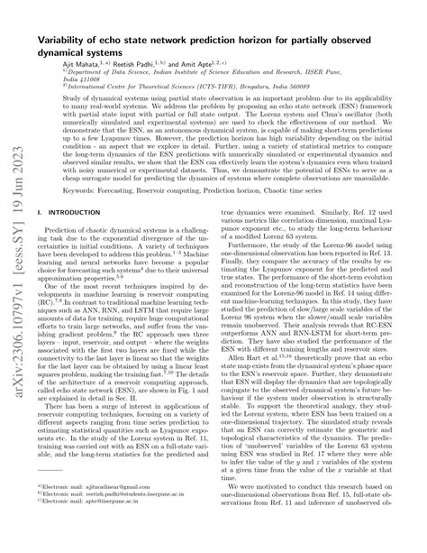 pdf variability of echo state network prediction horizon for partially observed dynamical systems