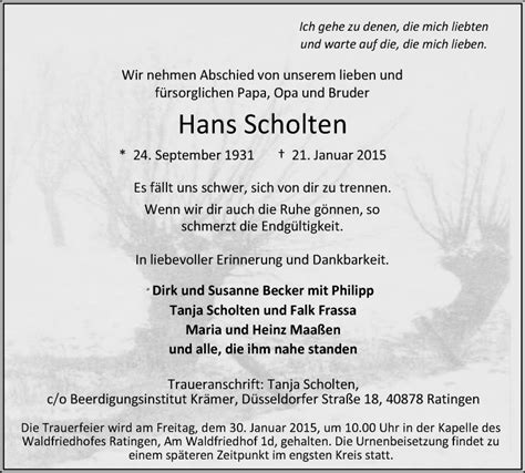 Traueranzeigen Von Hans Scholten Trauer In NRW De