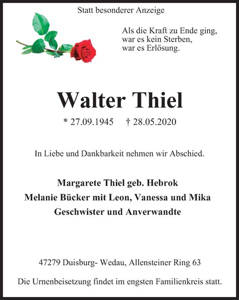 Traueranzeigen Von Walter Thiel Trauer In NRW De