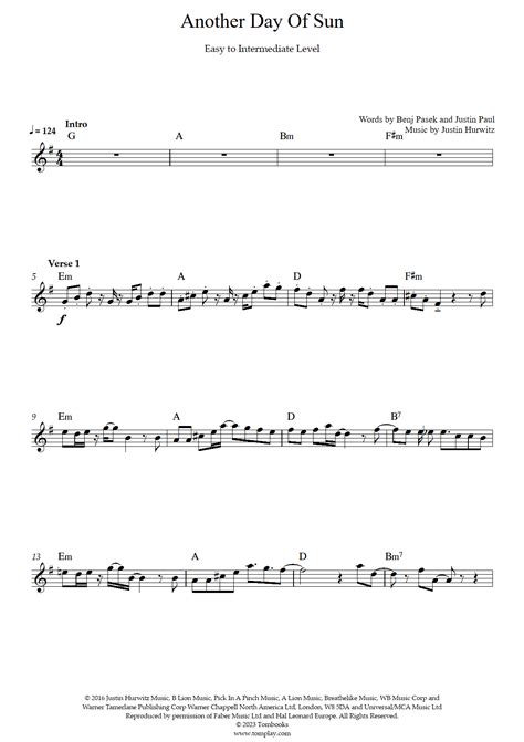 La La Land Another Day Of Sun Easy Intermediate Level Hurwitz