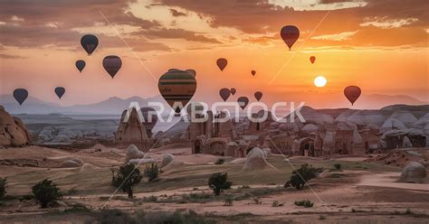 بالونات الهواء الساخنة تحلق في السماء المناطق الصحراوية في مدائن صالح