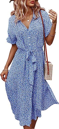 Jiraewh Damen Blumen Sommerkleid Knopf Kurzarm V Ausschnitt Lose