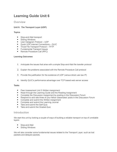 learning guide unit 6 learning guide unit 6 overview unit 6 the transport layer udp topics