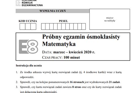 Próbny egzamin ósmoklasisty 2020 ODPOWIEDZI CKE matematyka online