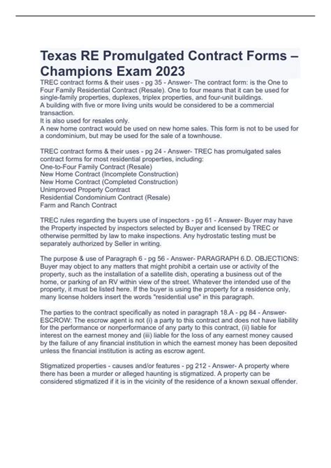Texas RE Promulgated Contract Forms Champions Exam 2023 Promulgated