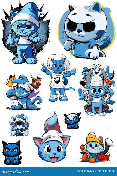 Un Conjunto De Stickers Con Gatos Azules En Dibujos De Niños Al Estilo