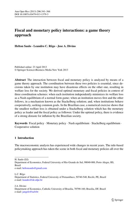 pdf fiscal and monetary policy interactions a game theory approach