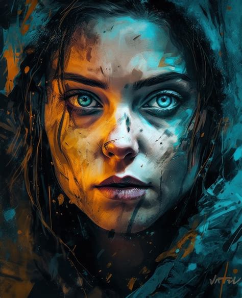 Una Pintura De Una Mujer Con Ojos Azules Y Un Fondo Azul Y Naranja