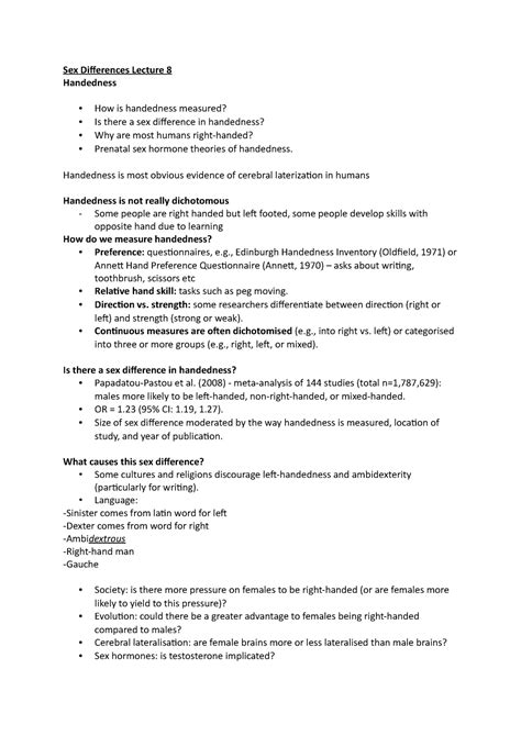 sex differences lecture 8 handedness is most obvious evidence of cerebral laterization in