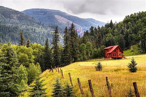 Cabin In The Mountains Red Autumn Scenic Mountains Cabin