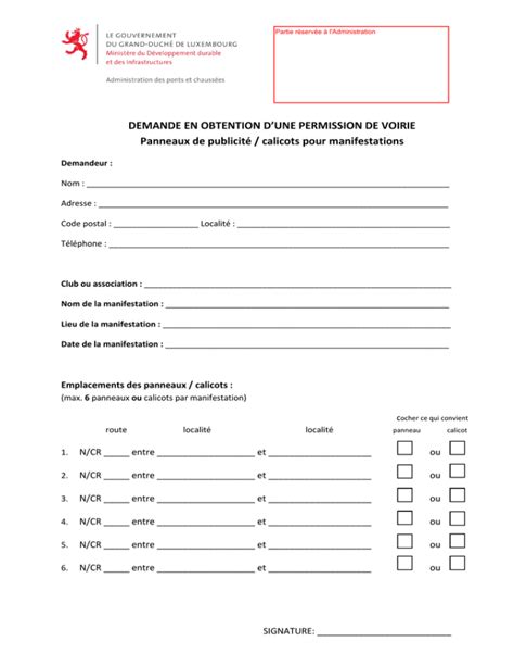 DEMANDE EN OBTENTION D UNE PERMISSION DE VOIRIE